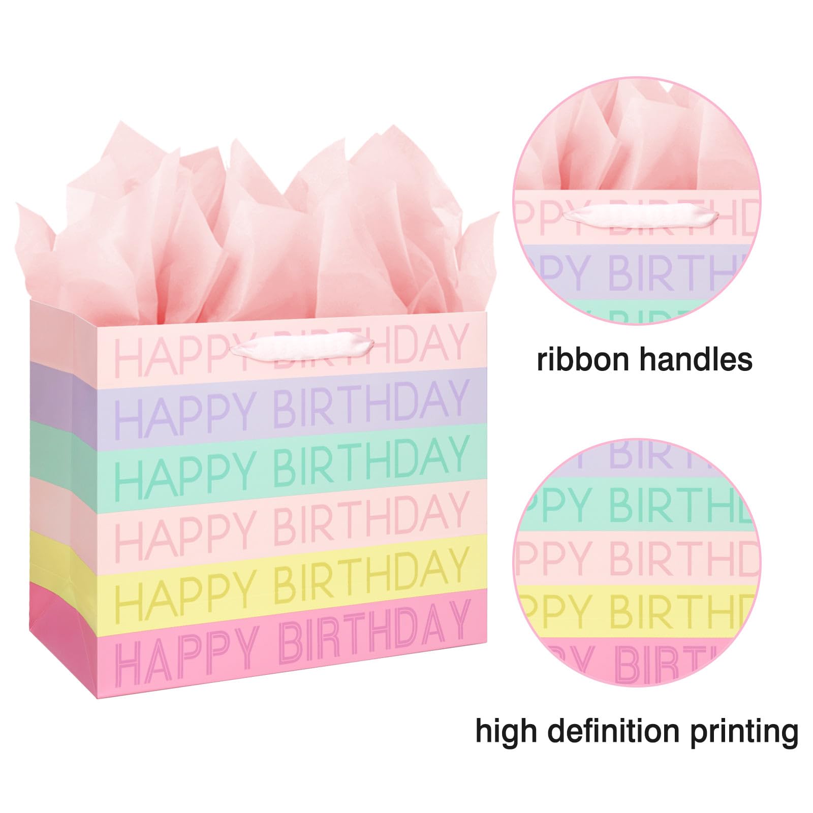 13" Large Happy Birthday Gift Bag with Tissue Paper, Card and Handles for Girls Women Kids Birthday Party (Colorful Stripes)