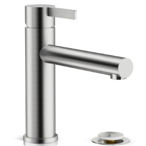 phiestina single hole single handle low arc brushed nickel bathroom sink faucet, basin faucet with metal pop-up drain & water supply line, fh01-bn