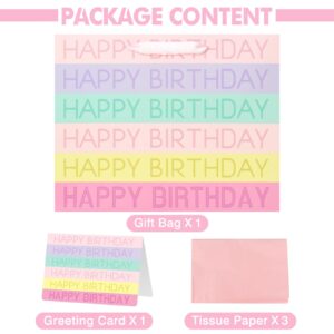 13" Large Happy Birthday Gift Bag with Tissue Paper, Card and Handles for Girls Women Kids Birthday Party (Colorful Stripes)