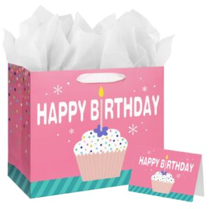 13" large happy birthday gift bag with tissue paper and card for girls kids birthday party (cupcake)