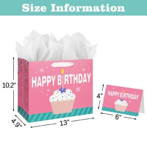 13" Large Happy Birthday Gift Bag with Tissue Paper and Card for Girls kids Birthday Party (Cupcake)