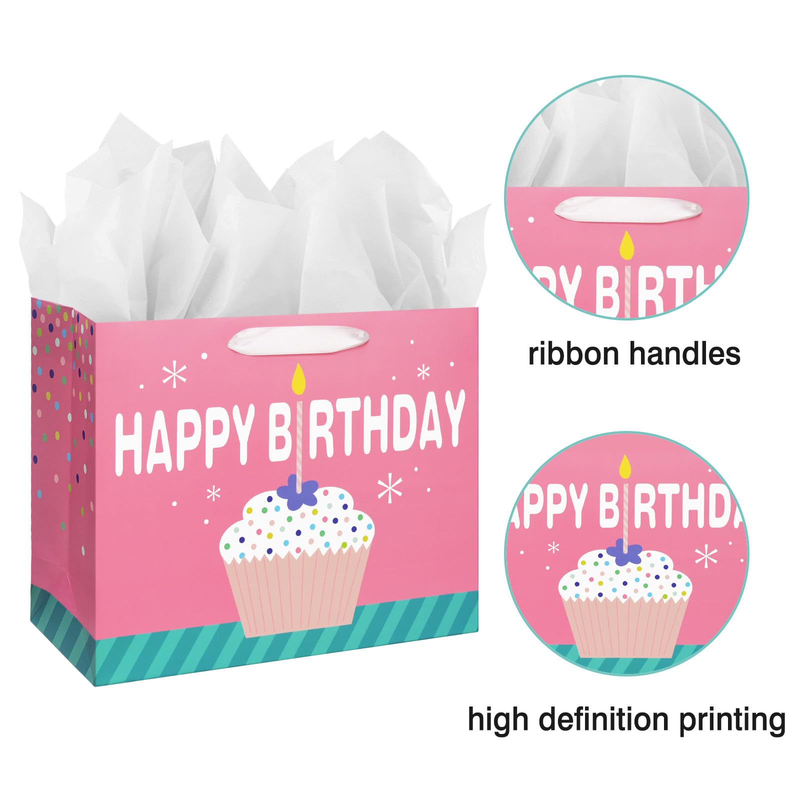 13" Large Happy Birthday Gift Bag with Tissue Paper and Card for Girls kids Birthday Party (Cupcake)