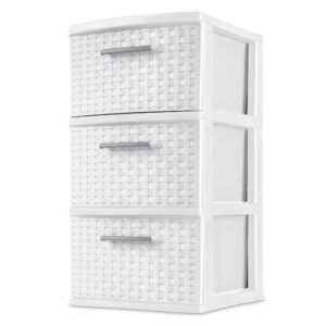 3-drawer wide weave design storage tower, white frame & drawers w/driftwood handles, brown, case of 1 (white)