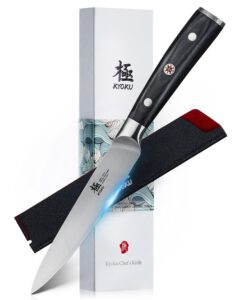 kyoku 5" kitchen utility knife, samurai series chef knife with pakkawood handle & mosaic pin, japanese high carbon steel knife, full tang kitchen knife for vegetable fruit herb with sheath and case