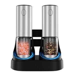 electric salt and pepper grinder set, automatic pepper mill grinder w/upgraded charge base and led light,adjustable coarseness,rechargeable black peppercorn & sea salt spice mill set