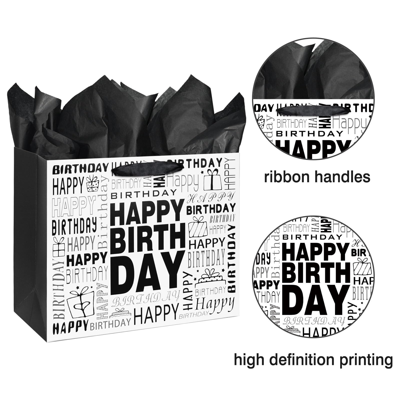 13" Large Black and White Happy Birthday Gift Bag with Tissue Paper and Card for Men Women Birthday