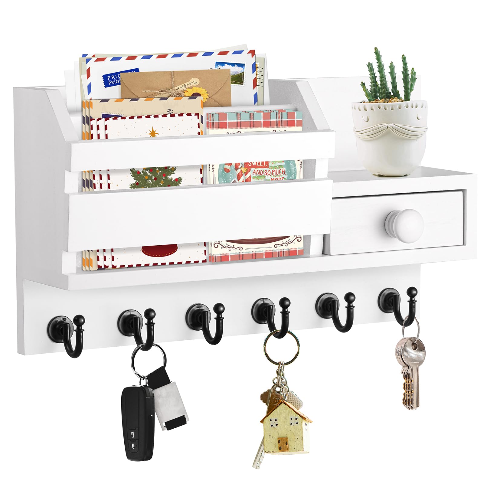 VIS'V Key Holder Wall Mount, Wooden Key Mail Holder with Drawer Key Organizer Mail Sorter with 6 Key Hooks Key Rack with Shelf for Entryway Doorway Hallway - White