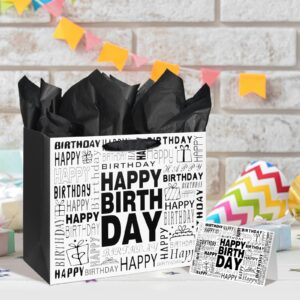 13" Large Black and White Happy Birthday Gift Bag with Tissue Paper and Card for Men Women Birthday