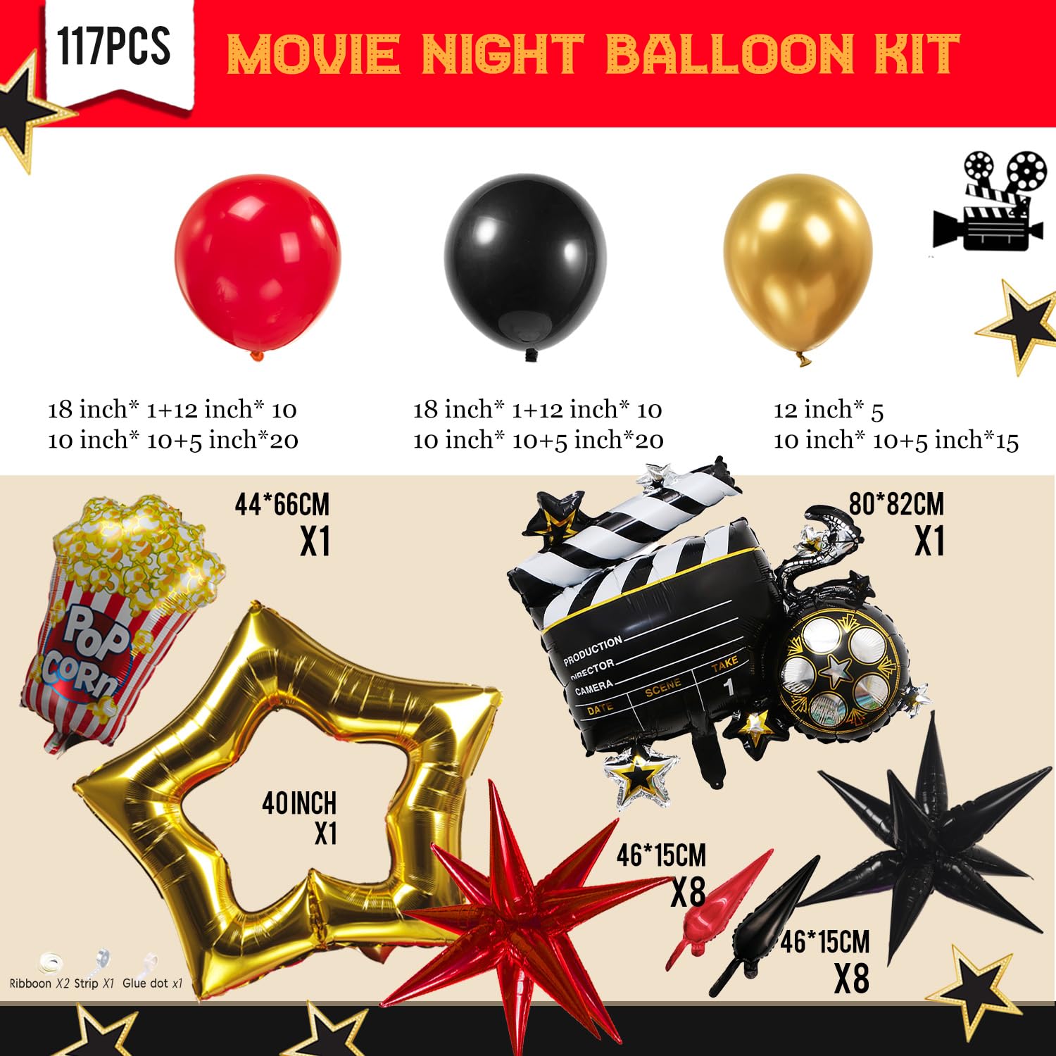 Movie Night Themed Balloon Garland Arch Set 119pcs Red Black Gold with Mylar Camera Stars Popcorn Movie Clapperboard Balloons for Birthday Movie Theme 2025 Graduation Party Decorations