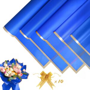 joyit 20 sheets flower wrapping paper - flower bouquet wrapping paper with ribbon, waterproof flower paper wrap for wedding, birthday, flower shop, diy craft (blue, 22.8''x22.8'')