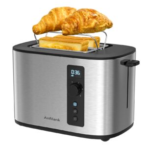 anfilank extra wide slot 2-slice toaster with digital countdown timer, stainless steel, 6 browning settings, built-in warming rack, cancel/bagel/defrost functions