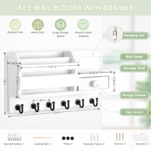 VIS'V Key Holder Wall Mount, Wooden Key Mail Holder with Drawer Key Organizer Mail Sorter with 6 Key Hooks Key Rack with Shelf for Entryway Doorway Hallway - White