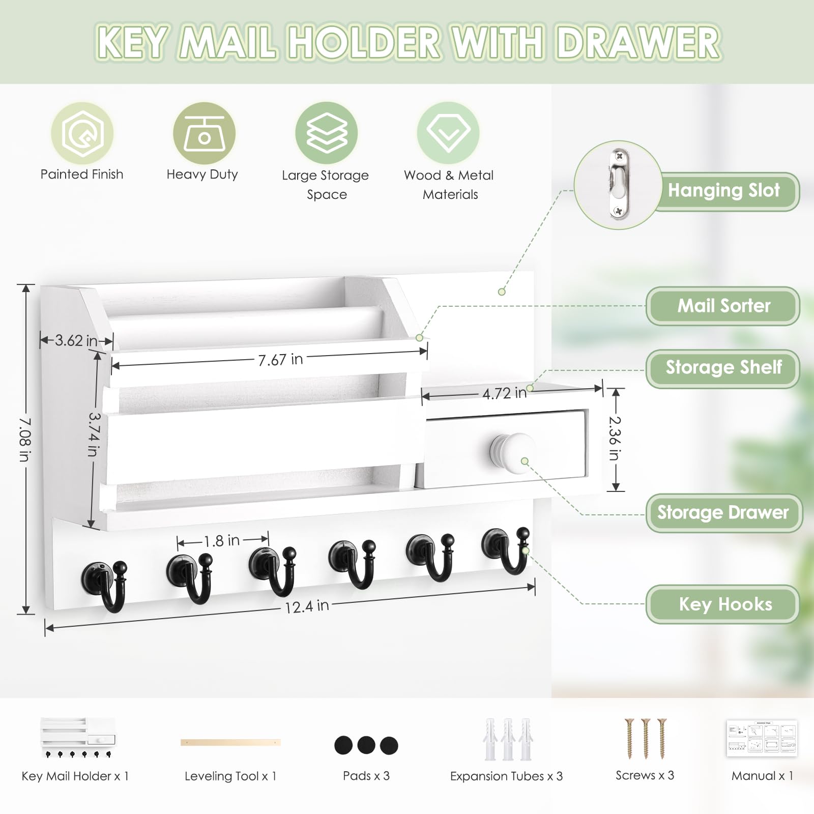 VIS'V Key Holder Wall Mount, Wooden Key Mail Holder with Drawer Key Organizer Mail Sorter with 6 Key Hooks Key Rack with Shelf for Entryway Doorway Hallway - White