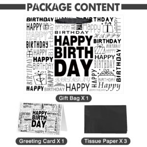 13" Large Black and White Happy Birthday Gift Bag with Tissue Paper and Card for Men Women Birthday