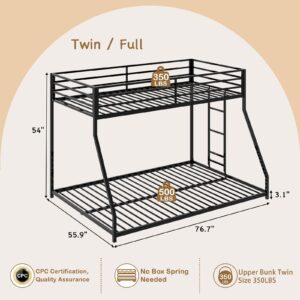 howcool Twin Over Full Bunk Bed, Sturdy Heavy-Duty Low Metal Frame with Reversible Ladder and Full-Length Guardrail for Kids Teens Bedroom Dorm, No Box Spring Needed, Noise Free, Black