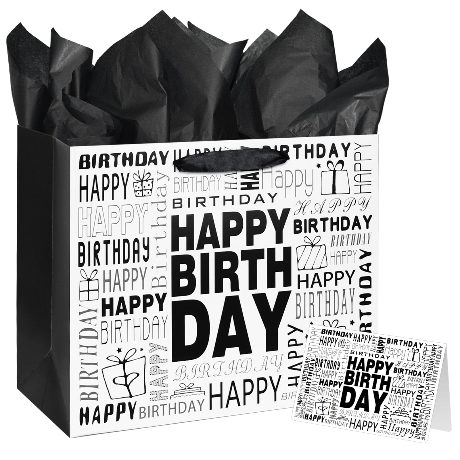 13" Large Black and White Happy Birthday Gift Bag with Tissue Paper and Card for Men Women Birthday