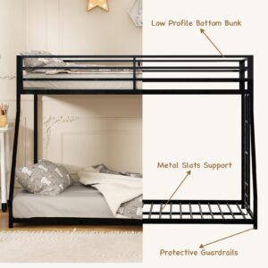 howcool Twin Over Full Bunk Bed, Sturdy Heavy-Duty Low Metal Frame with Reversible Ladder and Full-Length Guardrail for Kids Teens Bedroom Dorm, No Box Spring Needed, Noise Free, Black