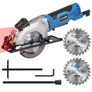 g laxia mini circular saw, 4amp 3500rpm corded circular saw with laser guide, rip guide, compact saw with 2pcs 24t tct blades for wood cuts