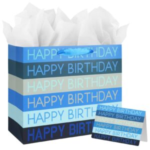 13" large happy birthday gift bag with tissue paper,card and handles for men boy kid birthday party (blue stripes)