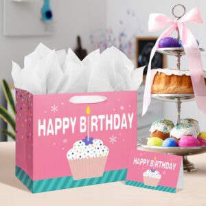 13" Large Happy Birthday Gift Bag with Tissue Paper and Card for Girls kids Birthday Party (Cupcake)