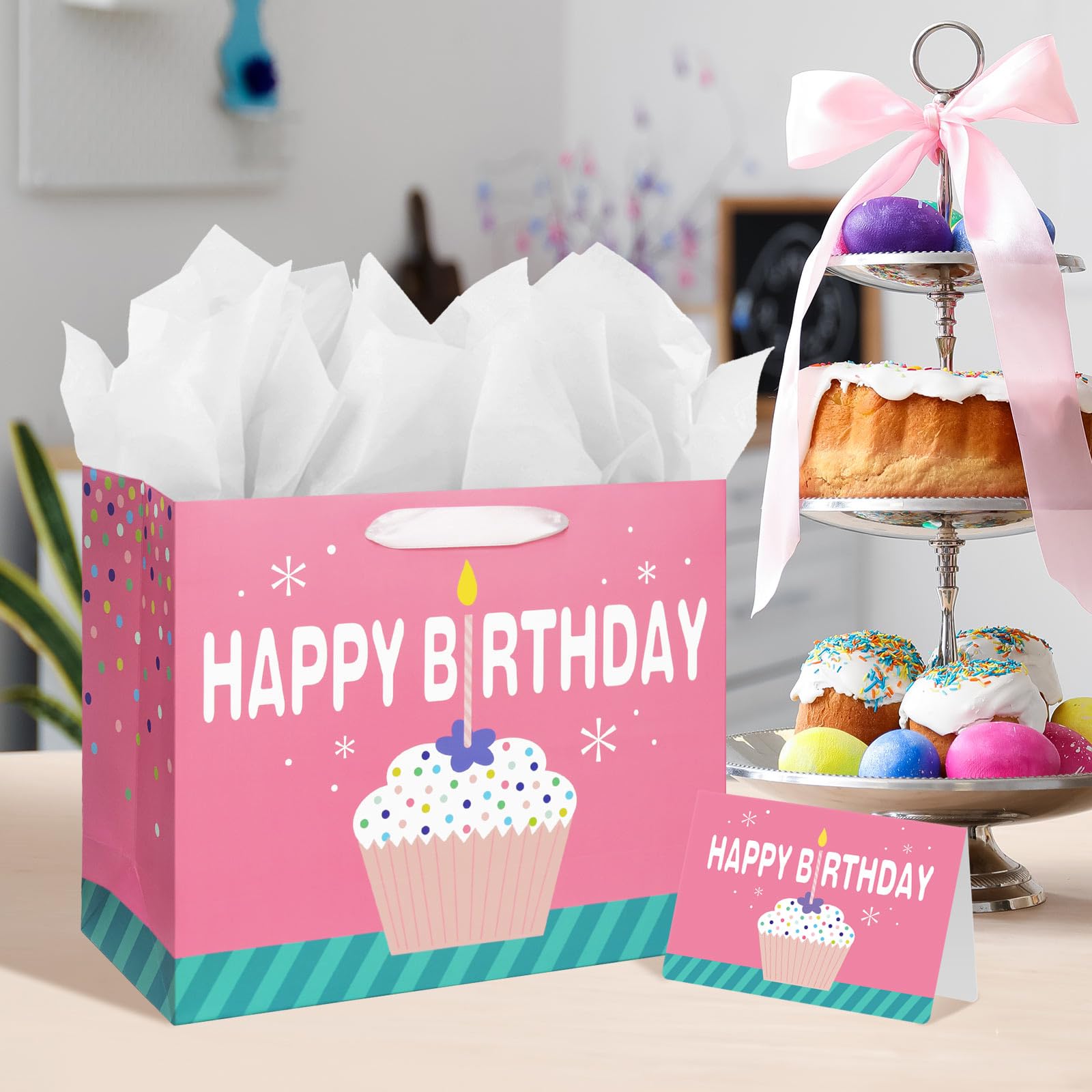 13" Large Happy Birthday Gift Bag with Tissue Paper and Card for Girls kids Birthday Party (Cupcake)