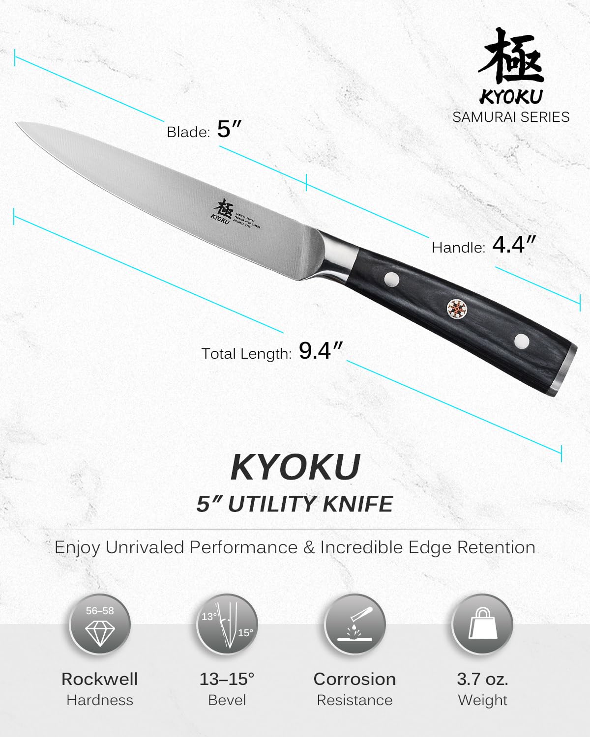 KYOKU 5" Kitchen Utility Knife, Samurai Series Chef Knife with Pakkawood Handle & Mosaic Pin, Japanese High Carbon Steel Knife, Full Tang Kitchen Knife for Vegetable Fruit Herb with Sheath and Case