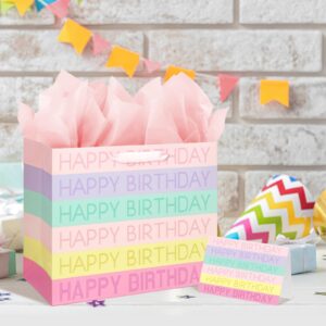 13" Large Happy Birthday Gift Bag with Tissue Paper, Card and Handles for Girls Women Kids Birthday Party (Colorful Stripes)