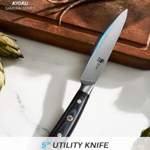 KYOKU 5" Kitchen Utility Knife, Samurai Series Chef Knife with Pakkawood Handle & Mosaic Pin, Japanese High Carbon Steel Knife, Full Tang Kitchen Knife for Vegetable Fruit Herb with Sheath and Case