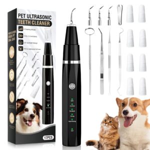 ultrasonic tooth cleaner for dogs, dog teeth plaque remover pets dental care scaler tartar stains electric cleaning kit finger toothbrush rechargeable 5 cleaning modes 4 heads with led light (black)