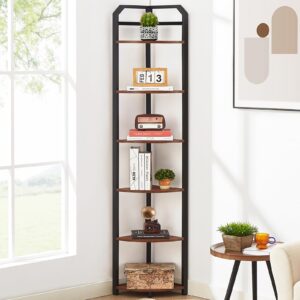 mneetrung corner shelf, 6-tier industrial corner bookshelf, freestanding corner shelf stand with metal frame, tall corner plant stand for small space, home office, living room, bedroom, brown