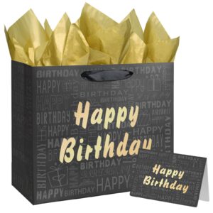 13" large black and gold happy birthday gift bag with tissue paper and card for men women birthday