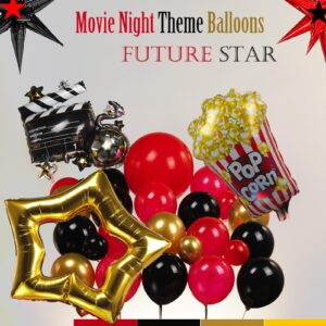 Movie Night Themed Balloon Garland Arch Set 119pcs Red Black Gold with Mylar Camera Stars Popcorn Movie Clapperboard Balloons for Birthday Movie Theme 2025 Graduation Party Decorations