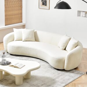 vnndenest 101'' sofa couch, modern curved half moon sectional sofa, teddy fleece boucle 5-seat sofa couch with 4 throw pillows, luxury comfy sofa for living room, bedroom, office, apartment, beige