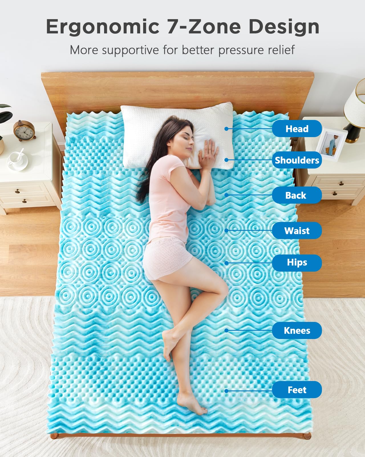 PERLECARE 3-Inch 7-Zone Queen Memory Foam Mattress Topper, Cooling Gel Mattress Topper with Airflow Channels, CertiPUR-US Certified Cooling Mattress Topper for Body Pressure Relief