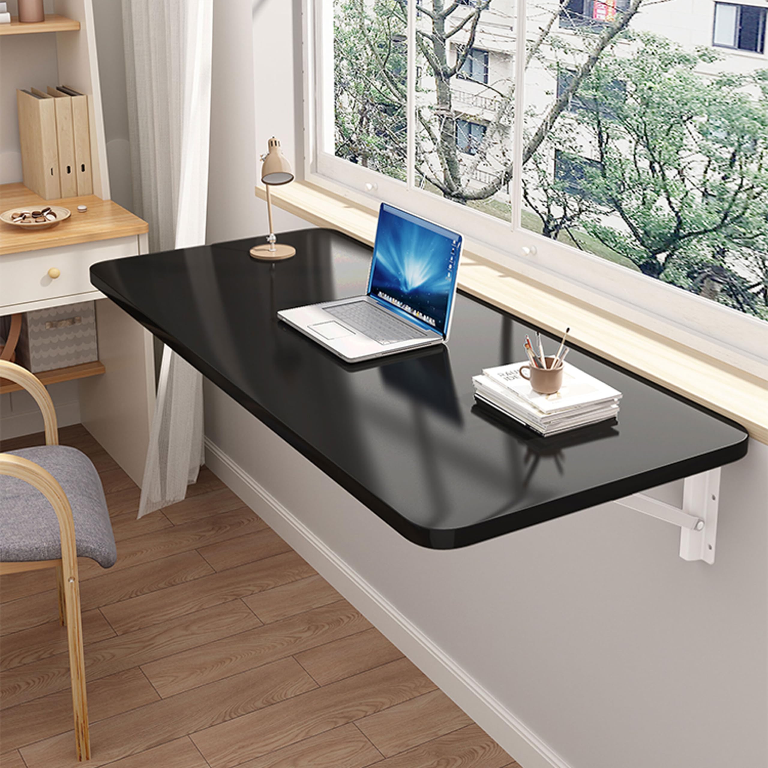 SKVSKV Laundry Folding Table,Wall Mounted Folding Table,Floating Wall Desk for Small Spaces,Functional Hanging Desk for Home Office Study Work Bench, Kitchen Dining(Black 39.4×19.7inch