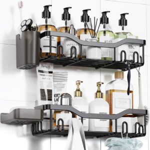 nesomi shower caddy adhesive shower organizer bathroom shower shelves, wall shelf for inside shower storage with soap dish&16 hooks, rustproof stainless steel no drilling rack home decor 2 pack large