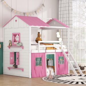 harper & bright designs full over full bunk beds for kids,wood sweet heart novelty bunk bed with elegant windows, sills and tent,house bunk beds for girls,boys,pink+white