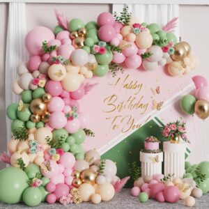 sage green and pink balloon arch kit with shiny gold butterfly stickers,177pcs pastel green blush gold balloon garland for spring tea party decoration wedding bridal baby shower fairy balloon arch