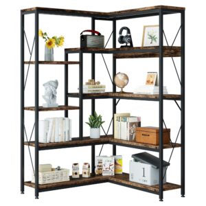 shintenchi 5 tiers corner bookshelf, 70.86" tall l-shaped bookcase, large corner etagere bookcase, corner shelf display storage rack with metal frame for living room home office, rustic brown