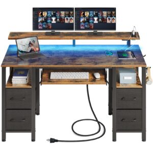 seventable computer desk 47.2" with led lights & power outlets, home office desk with 4 drawers, writing desk with keyboard tray, study desk with monitor stand, work desk for home office, rustic brown