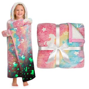 unicorn glow in the dark wearable blanket for girls- soft warm 52"x60" sherpa fleece unicorn gifts for girls age 8-10, 6-8, 4-6, hooded throw blanket gift for kids