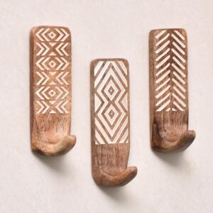 indian shelf 3 pack no damage wood wall hooks- adhesive wall hooks -boho key decorative wall hooks for hanging- wood hangers -sticky coat hooks wall mount- towel hooks for bathroom wall mounted-style1