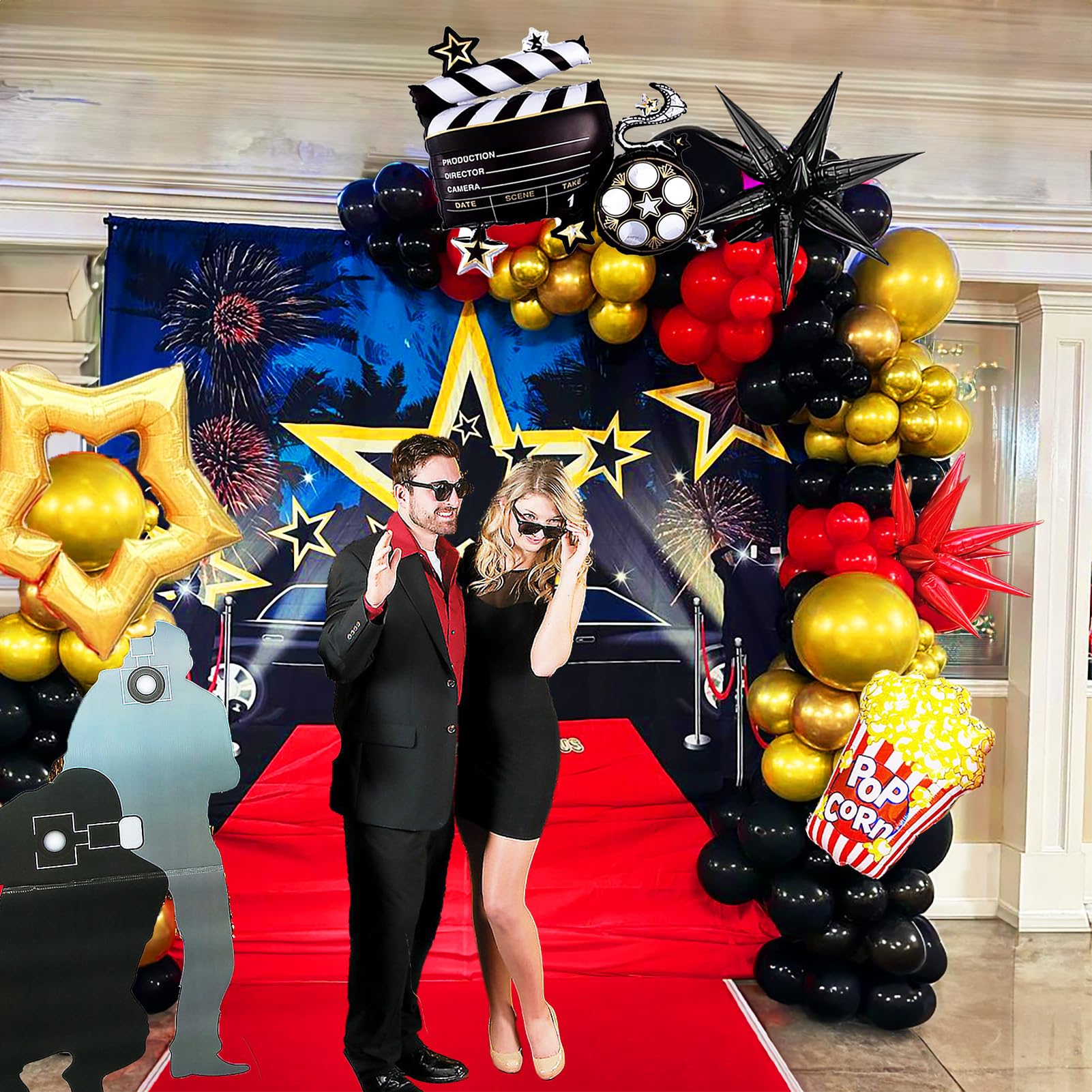 Movie Night Themed Balloon Garland Arch Set 119pcs Red Black Gold with Mylar Camera Stars Popcorn Movie Clapperboard Balloons for Birthday Movie Theme 2025 Graduation Party Decorations