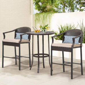 fhfo 3 piece outdoor patio heigh bar table and chairs set, wicker bar height bistro table set of 2, all-weather rattan height bar stools w/cushions & metal table top for porch, garden, balcony-beige