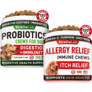 dog probiotics treats + allergy relief - digestive enzymes + prebiotics - chewable fiber supplement, itchy skin treatment with omega 3 & pumpkin, dogs itching and licking treats