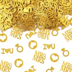 abtols 200pcs gold wedding table confetti, glitter paper heart diamond ring confetti for bridal shower decoration i love u mr and mrs confetti or valentines day engagement party table scatter