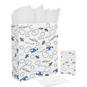 13" large white gift bag set with greeting card and tissue papers (helicopter and plane design) or boys’, girls', or kids' party, baby showers, boy