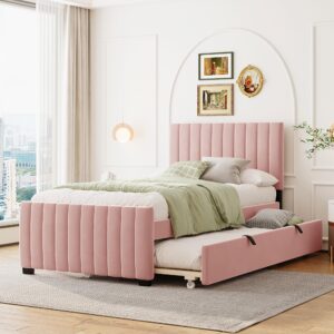 citylight upholstered twin bed with trundle bed under,velvet twin size platform bed with headboard,wood twin trundle bed for kids girls boys,no box spring needed,pink