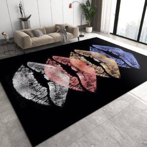 colored lips lip prints area rugs, black background red blue fashion creative non-slip mat, carpet mat soft and comfortable bright color apply to bedroom living room farmhouse,4×6ft/120 * 180cm