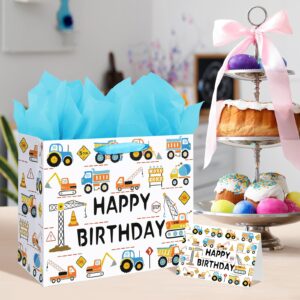 13" Large Happy Birthday Gift Bag for Baby Boy Kids with Tissue Paper and Card (Construction Vehicle)